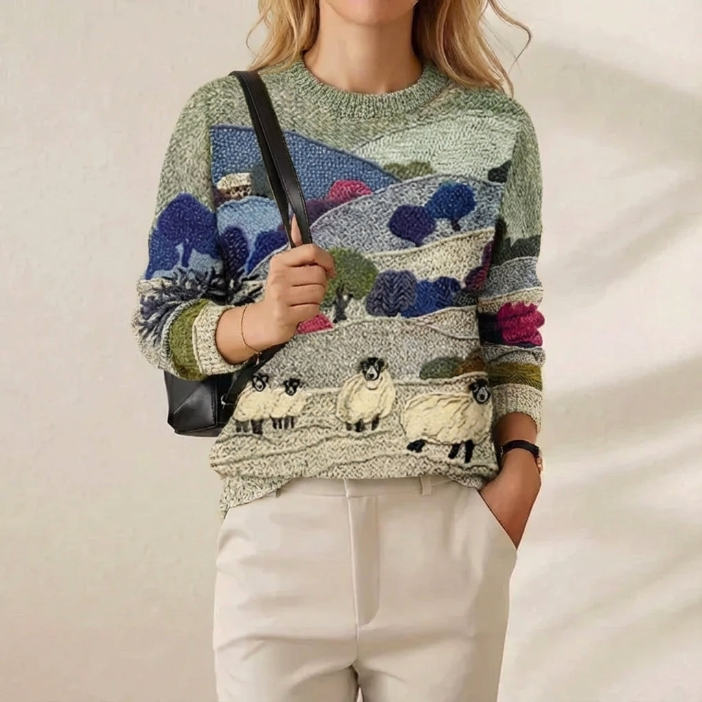 Cotton Sweater Blue & Green with Landscape & Sheep Pattern – Inari Boutique